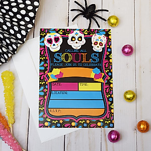 Sugar Skull Day Of The Dead, Dia De Los Muertos, Colorful Halloween Birthday Party Invitations, 20 5x7 Fill In Cards with Twenty White Envelopes by AmandaCreation