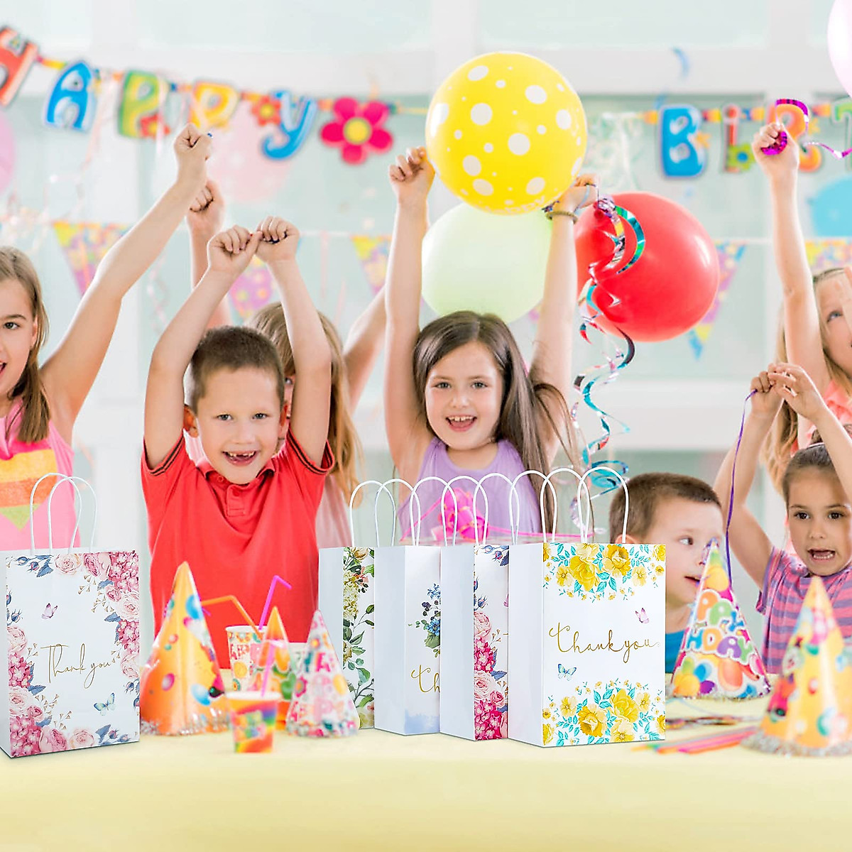 Thank You Gift Bags 24 Pack Floral Design Small Thank You Bags with Handles, 8.6" X 6.2" X 3" White Kraft Paper Bags Favor Bags Gift Bags for Small Business Wedding Bridal Shower Baby Shower