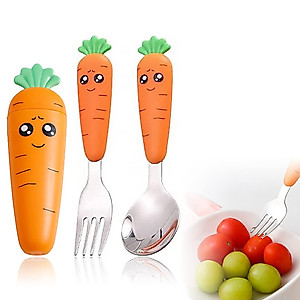 Travel Cutlery Set Baby With Case, 2 PCS Toddler Utensils, Kids Spoon And Fork Self-Feeding, Carrot Child Flatware Sets, Stainless Steel Fun Baby Silverware