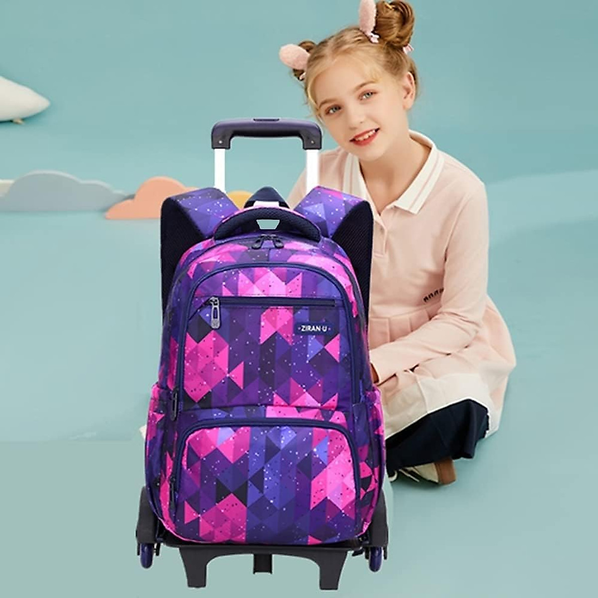 ETAISHOW Boys Girls Rolling Backpack with Wheels Geometric Kids Roller School Bag Wheeled Bookbag for Women Purple