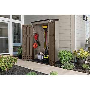 Rubbermaid Vertical Resin Outdoor Storage Shed, With Floor (4 x 2.5 Ft), Weather Resistant, Brown, Organization for Home/Backyard/Garden Tools/Porch/Patio Cushions/Pool Chemicals/Toys