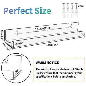 2 Pieces Acrylic Floating Shelves, 15inch Clear Acrylic Shelf, Invisible Wall Mount Bookshelf with Mounting Kit, Small Bathroom Shelves for Record, Book, Funko Pop Figure Display