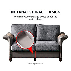 CALABASH Linen Fabric Leather 2 Seater Sofa Couch for Bedroom, 61" Modern Upholstered Tufted loveseat Sofa with Curved Armrest & Removable Storage Boxes for Living Room Office(Dark Grey)