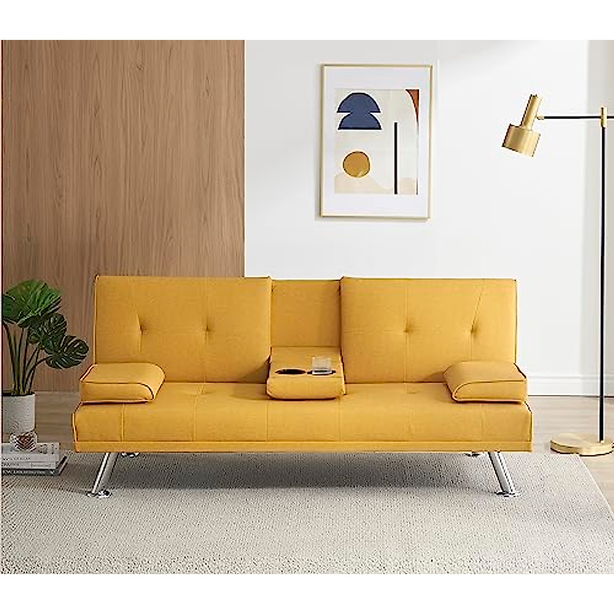 Anwick Modern Leather Futon Sofa Bed,Convertible Folding Couch Recliner Sleeper Loveseat for Small Space,Apartment,Office,Dorm,with Cup Holders and Removable Armrest (Yellow)