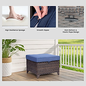 Outdoor Patio Ottoman Set of 2,Wicker Ottoman Seat with Comfy Cushions, Patio Rattan Furniture,Outdoor Ottoman Foot Rest with Steel Frame,All Weather Rattan Wicker Ottoman Seat for Backyard Porch