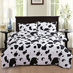 PERFEMET Cow Print Bedding Comforter Set Cartoon Milk Cow Print Bedding Set Reversible Plaid Grid Bed Sets for Kids Teens Boys Girls (Twin/Twin XL Size, Black and White)