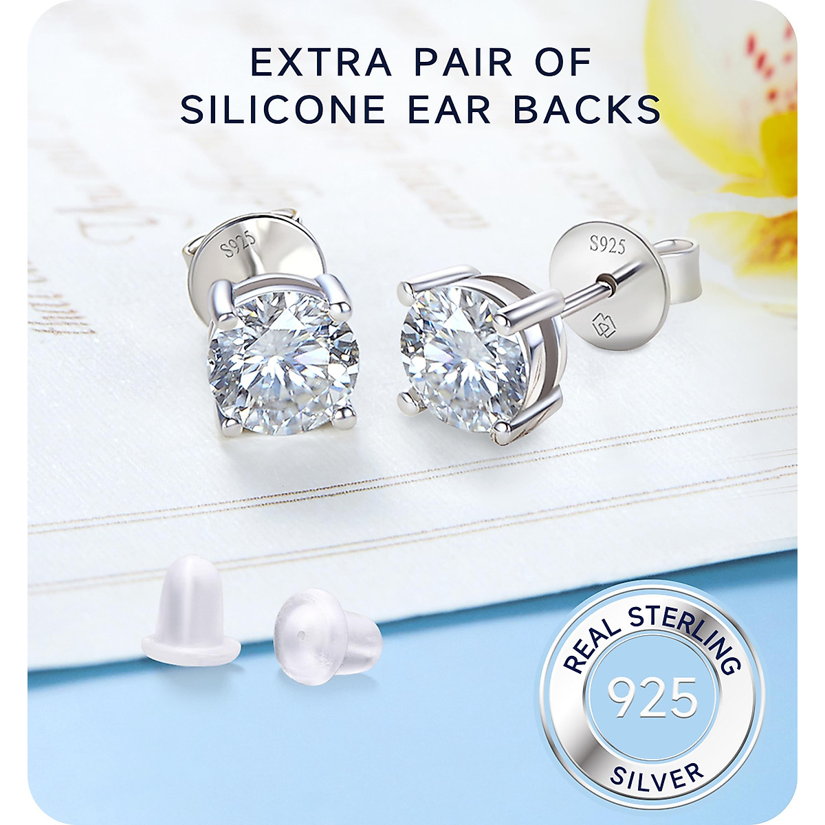 MomentWish Stud Earrings for Women with Christmas Gift Bag, 2Carat Simulated Moissanite Earrings 925 Sterling Silver Solitaire Earrings, Christmas Anniversary Holiday Gifts for Her