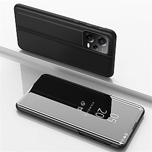 Ephoou Compatible with Xiaomi Redmi Note 12 5G Flip Case for Women, Luxury Clear Vanity Mirror Slim Shockproof 360° Full Body Protective Case for Xiaomi Redmi Note 12 5G/ Poco X5. JM-Black
