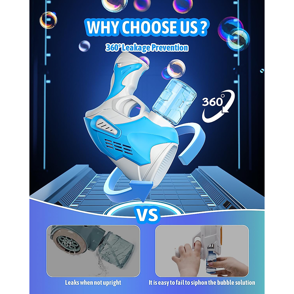 Boerfmo Bubble Gun - Bubble Machine for Kids - 8 Holes Bubbles Wands Blaster with LED Light, Bubble Solution & Batteries - Boys Toys Gifts for Ages 3+, for Outdoor Party, Easter Basket Stuffers