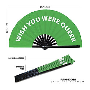 Wish You were Queer Hand Fan Foldable Bamboo Circuit Hand Fan Funny Gag Slang Words Expressions Statement Gifts Festival Accessories Rave Handheld Circuit Event Fan Clack Fans (Green)