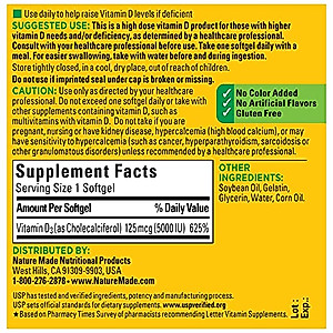 Nature Made Extra Strength Vitamin D3 5000 IU (125 mcg), Dietary Supplement for Bone, Teeth, Muscle and Immune Health Support, 180 Softgels, 180 Day Supply