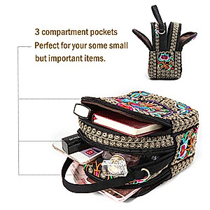 Embroidery Canvas Shoulder Bag Women Vintage Boho Mini Crossbody Bag Handbag Cell Phone Pouch (Red)