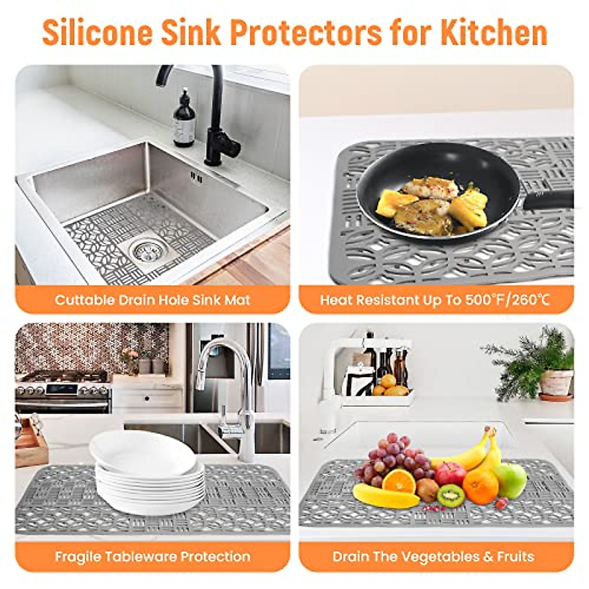 Silicone Sink Mat with DIY Drain Hole 26''x14'' Sink Protectors for Kitchen Sink Non-slip Heat Resistant Sink Protector Grid Accessory for Bottom of Farmhouse Stainless Steel