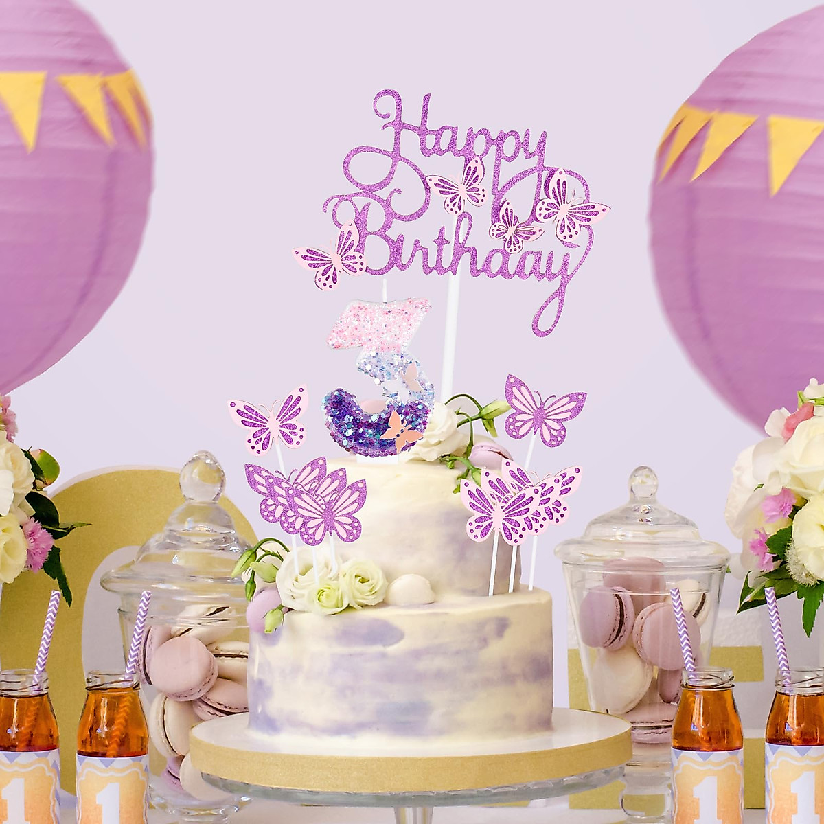iNINGER Birthday Candles,Number 4 Candle,Butterfly 4th Birthday Decorations for Women/Girl,Cupcake Candle for Party,Purple Handmade Sequin Numeral Candle Wedding Cake Topper Anniversary Party Decor