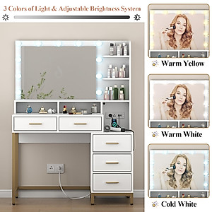 Loomie Vanity Desk with Lighted Mirror & Power Outlet, Makeup Table with 5 Drawers, Two Cubby & Shelf, Vanity Dresser with 11 Lights in 3 Lighting Colors for Bathroom, Bedroom,Makeup Room,White