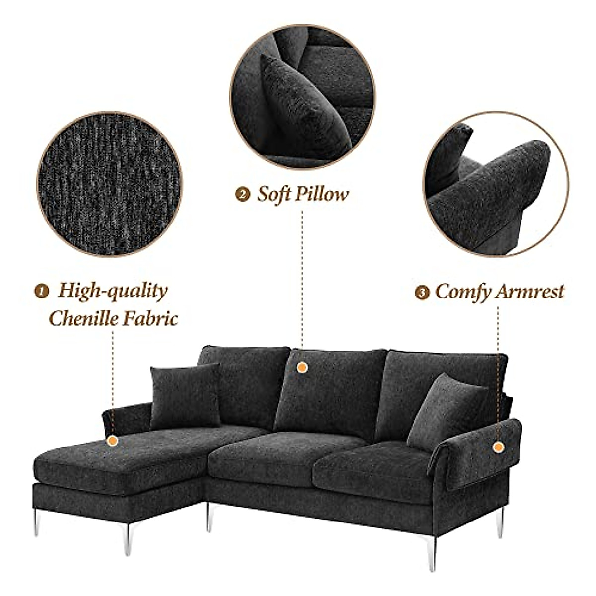 HAUSHECK Convertible Sectional Sofa with Reversible Chaise Lounge, Metal Leg, Two Pillows Included, Mid-Century Modern Chenille Free Combination L-Shaped Couch for Living Room, Apartment, Small Space