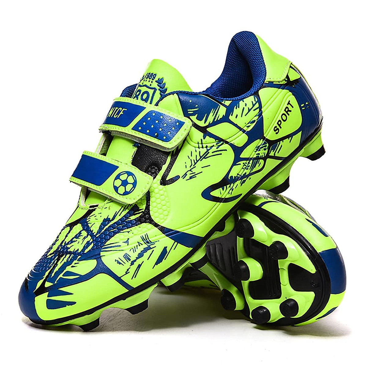 FUQIAO Kids Firm Ground Soccer Cleats for Boys Girls Outdoor Athletic Turf Shoes Indoor Football Trainning Sneakers, Green, 13.5 Little Kid