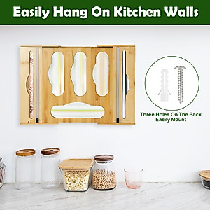 IEMIEBSHA Zip Lock Bag Organizer, 6 in 1 Foil and Plastic Wrap Dispenser with Cutter, Baggie Organizer for Kitchen Drawer, Bamboo Storage Bag Organizer for Gallon Quart Sandwich Snack Bags