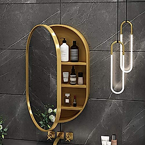 ZTGL Oval LED Lighted Mirror Cabinet, Wall-Mounted Bathroom Medicine Cabinet, Touch Button, Slow Close Hinge, 19.7x31.5 in,Gold,Lights Defogging