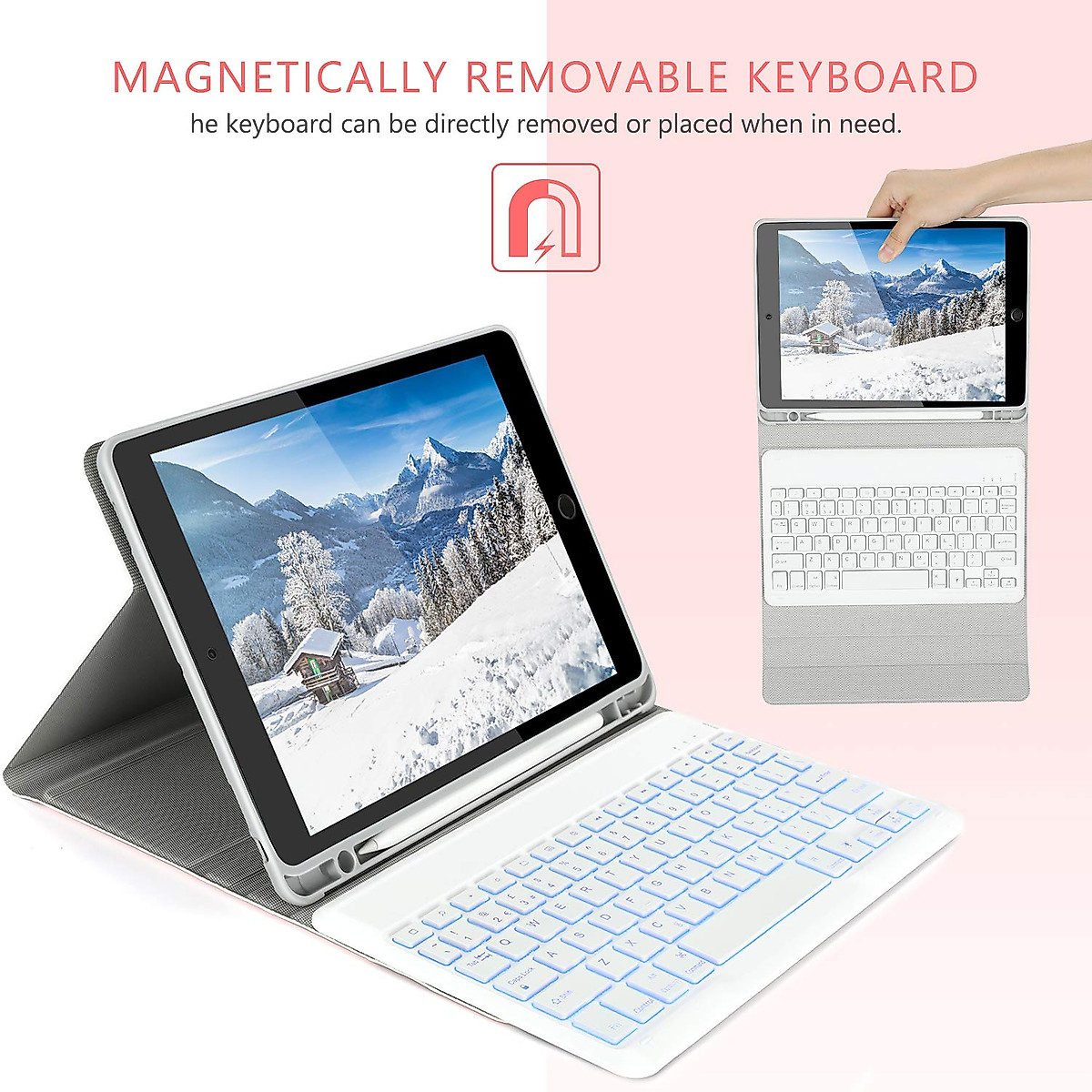 Backlit Keyboard Case with Mouse Compatible with iPad Pro 10.2 9th/8th/7th Gen, iPad Air 3, iPad Pro 10.5 2017, Detachable Keyboard US Layout with Cover & Mice, Rose Gold