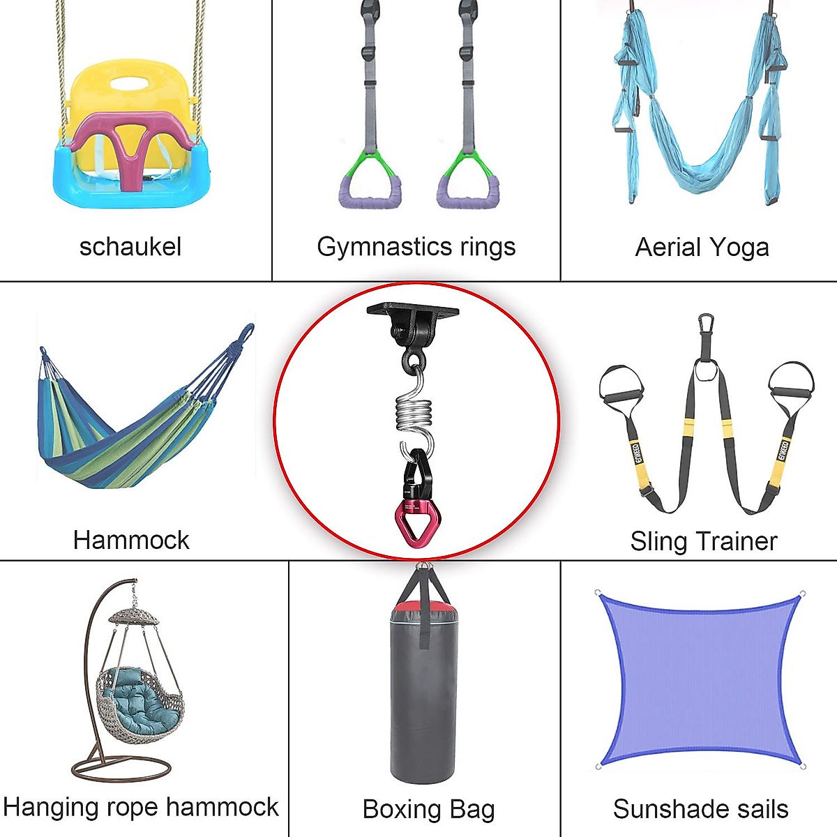 MDAIRC Heavy Duty Hanging Kit Swing Hangers and Hammock Spring and 360 smooth swing swivel spinner Kglobal Swivel Hook and Locking Snap Hooks for Wooden Sets，tire swing swivel, Seat Trapeze Yoga