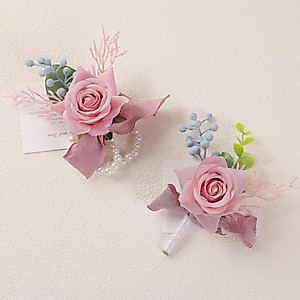 GLIDLION 2Pcs Men Boutonniere and Woman Wrist Corsage Set,Artificial Flowers Groom/Groomsman Boutonniere Pins,Bride/Bridesmaid Wrist Corsage for Wedding Party Homecoming Prom (Dusty Pink)