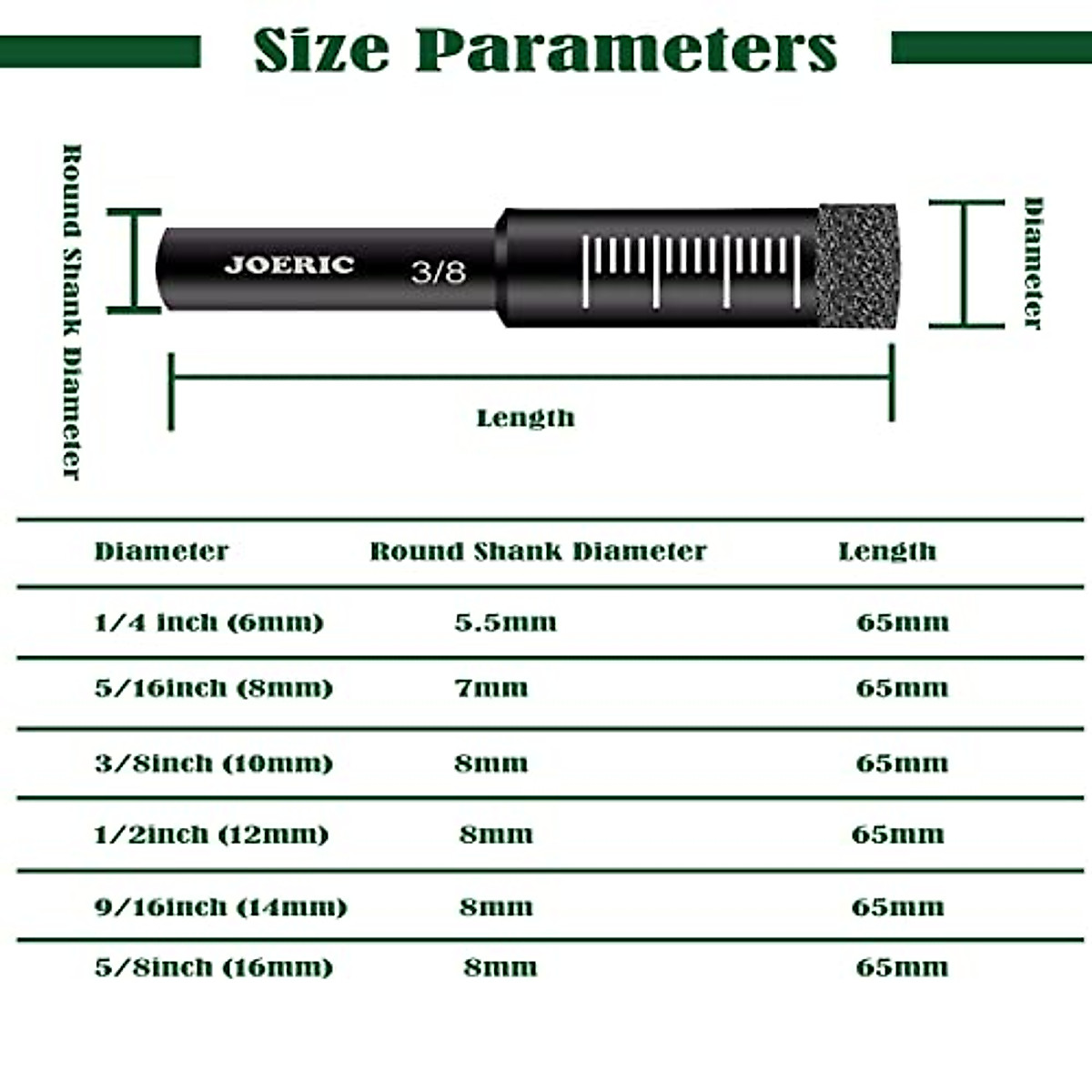 JOERIC Black 1/4" Dry Diamond Drill Bits Set, 11 PCS 6mm Diamond Core Drill Bit with Storage Bottle for Granite Marble Tile Ceramic Stone Glass Hard Materials (Not for Wood)