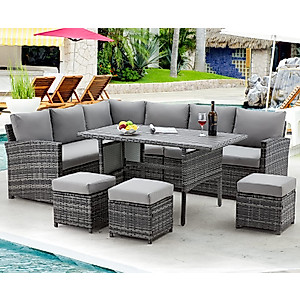 AECOJOY Patio Furniture Set, 7 Pieces Outdoor Patio Furniture with Dining Table&Chair, All Weather Wicker Conversation Set with Ottoman,Grey