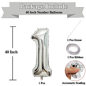 40 Inch Large Silver Number 1 Letter Balloon, Alphabet Letter Mylar Foil Helium Big Number Balloons for Birthday Anniversary Party Graduations Festival Decorations