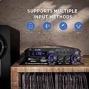 Facmogu S-299 4.1CH Bluetooth Power Amplifier with Active Subwoofer Output Max 800W RMS 40Wx4 Subwoofer Amplifier Hi-Fi Integrated Mini Speaker Amp Audio Sub Bass Amp Remote Control & 12V Power Supply