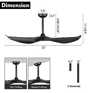 LEDLUX 52" Ceiling Fan no Light, 6 Speed Remote Control, Noiseless Reversible DC Motor, Modern 3 ABS Blades Ceiling Fan with 4.5"/12" Downrods for Bedroom/Living Room/Kitchen Black