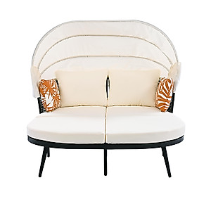 RuiSiSi 74.8”L Patio Daybed with Retractable Canopy, Outdoor Rattan PE Wicker Back Loveseat Sofa Set with Throw Pillows and Cushions for Backyard, Poolside, Garden, Beige