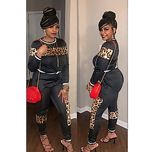 Alunzoem Womens Casual 2 Piece Outfits, Leopard Print Long Sleeve Top Pants Set Tracksuits Black XL
