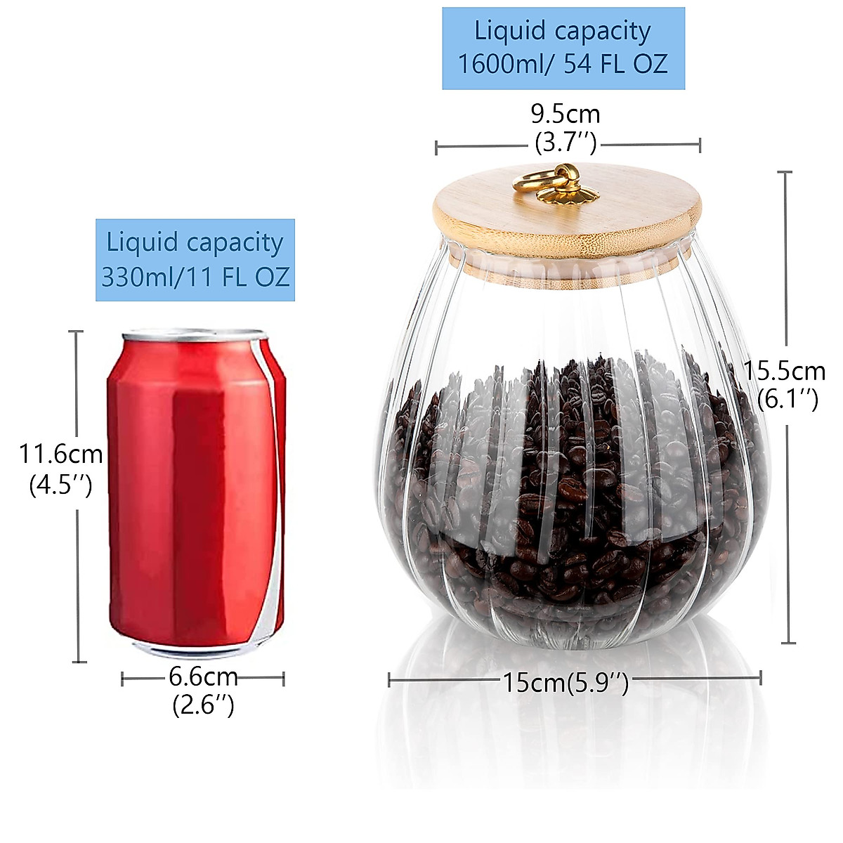 FANTESTICRYAN Glass Coffee Nuts Canister Airtight Storage Jar Petal Decorative Container with Bamboo Lid Metal Handle Easy to Grasp 1600ml, 54 FL OZ (Large Oval)