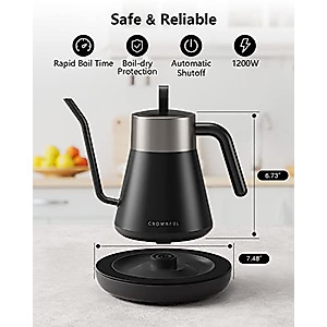 CROWNFUL Smart Electric Gooseneck Kettle with 4 Variable Presets, ±1℉ Temperature Control, 0.8L Capacity, 1200W Quick Heating, 100% Stainless Steel, Pour Over Coffee Kettle, Alexa Control