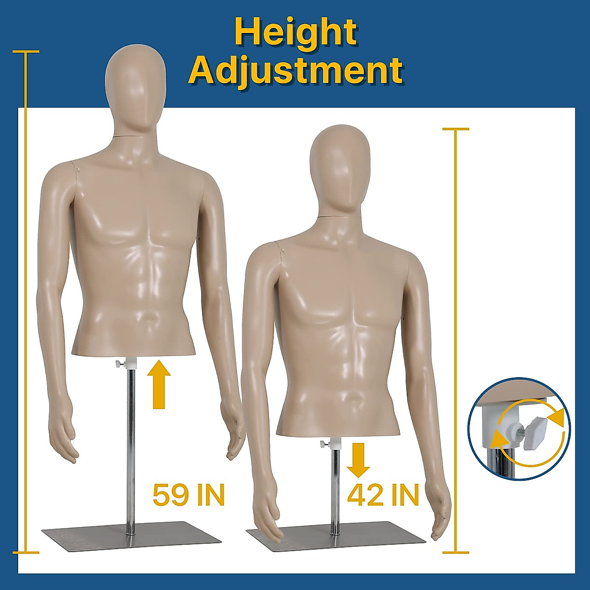 42-59 Inch Male Mannequin Torso, Height Adjustable Dress Form Mannequin Detachable Arms Mannequin Stand Sewing Manikin Display Dress Mannequin Clothing Form with Metal Base Stand, Nature