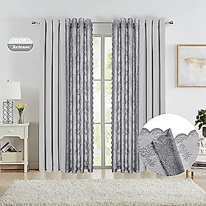 4 Pieces Grey Blackout Curtains & Elegant Rose Floral Lace Sheer Curtains for Bedroom Farmhouse Mix and Match Double Layer Or Single Layer Gray Room Darkening Grommet Window Drapes, 52"W x 84"L x 4