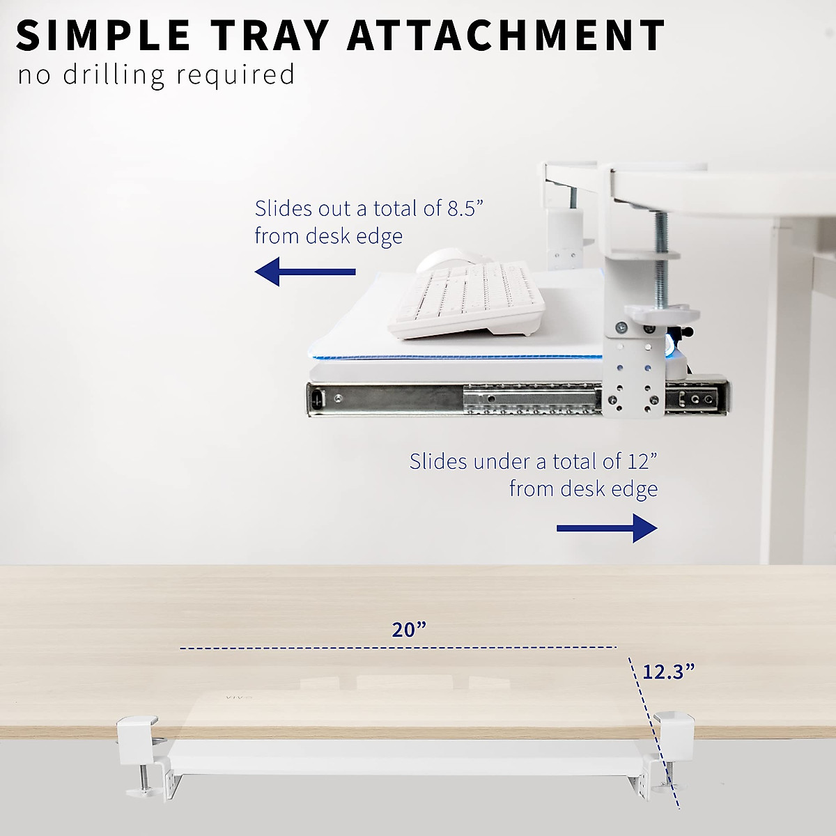 VIVO Large Height Adjustable Under Desk Keyboard Tray with RGB LED Light Mouse Pad, C-clamp Mount, 27 (33 with Clamps) x 11 inch Slide-Out Platform Computer Drawer for Typing, White, MOUNT-KB05GPW