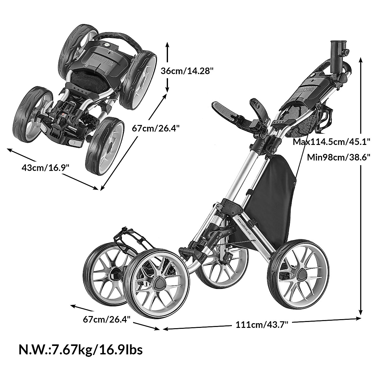 caddytek Caddycruiser One Version 8 - One-Click Folding 4 Wheel Golf Push Cart, Silver