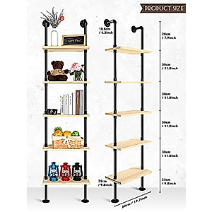 5 Tier Modern Bookcase Wall Mount Ladder Bookshelf Include Wood Planks Industrial Pipe Shelf Book Display Rack Metal Pipes and Wood Shelves Stand Black Corner Frame Bookcase (Natural Wood Board)