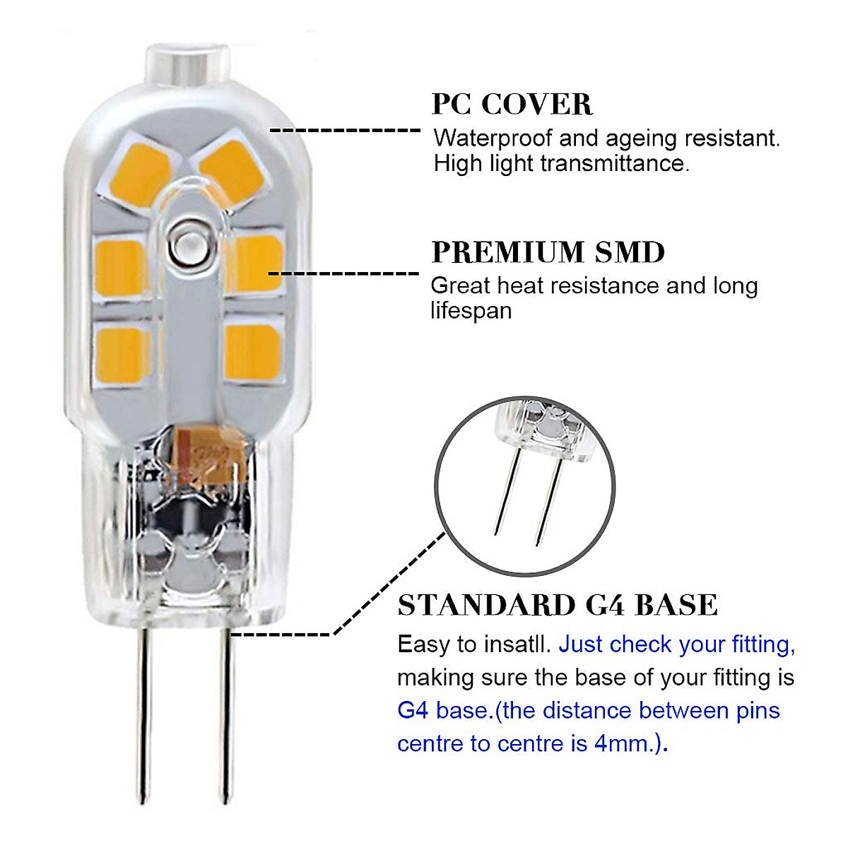 SumVibe G4 LED Bulb, 20W Halogen Bulb Replacement, 2 Watt G4 Bulbs Bi-Pin Base, AC/DC 12 Volt Warm White 3000K, Non-Dimmable, 10-Pack