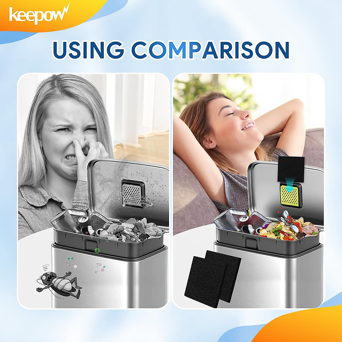 KEEPOW 8 Pack Trash Can Deodorizer Compatible with EKO Trash Can, Activated Charcoal Odor Absorber for Trash Can and Compost Bin, Garbage Can Deodorizer for Indoor Kitchen Compost Bucket (Square)