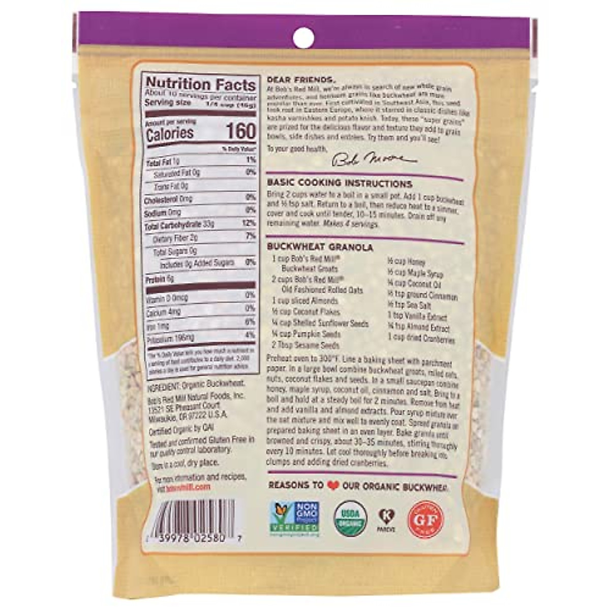 Bob’s Red Mill Organic Raw/Untoasted Buckwheat Groats, 16 Ounce Bag (Pack of 1), Gluten Free, Non-GMO, Kosher