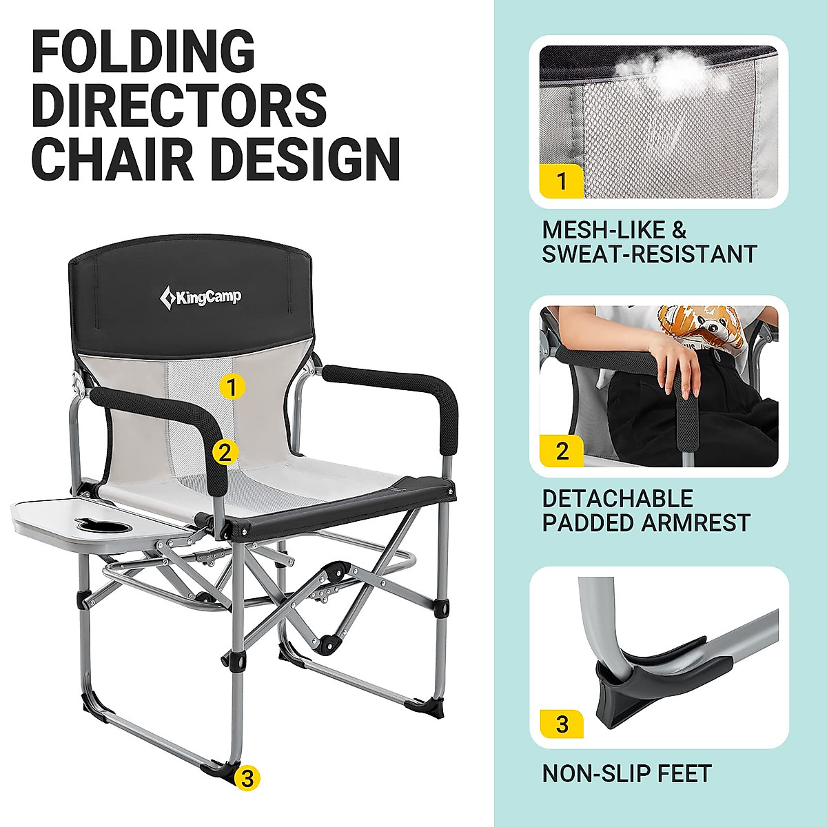 KingCamp Folding Camping Chair, Heavy Duty Director's Seat for Adults Outside, Portable Lawn Chairs with Side Table Breathable Mesh Back Compact Style for Outdoor Sports