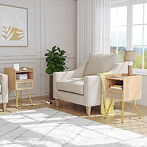 HOOBRO Nightstand with Charging Station, Side Table with Rattan-Like Decor Drawer, Rattan End Table with Open Storage, Bedside Table for Bedroom, Study Room, White Oak DO92UBZ01