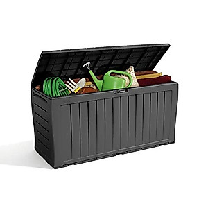 Keter Marvel+ 270L Outdoor 65% recycled Garden Furniture Storage Box Graphite Wood Panel Effect | Fade Free | All Weather Resistant | Safe and Secure | Zero Maintenance | 2 year Warranty