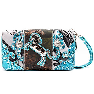 Cowgirl Trendy Camouflage Western Style Tote Studded Handbag Concealed Carry Purse Country Women Shoulder Bag Wallet Set (#2 Turquoise Set)