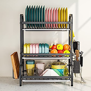 1Easylife Dish Drying Rack, 3 Tier Dish Rack with Tray Utensil Holder, Large Capacity Dish Drainer with Cutting Board Holder Drain Board Tray for Kitchen Counter Organizer Storage (Gray)