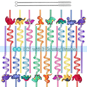 Reusable Dinosaur Straws Party Favors - 16 Pcs Plastic Dinosaur Straws Crazy Straws for Kids Safari Jungle Dino Dinosaur Theme Birthday Party Decorations Supplies with Clean Brushes (Dino)