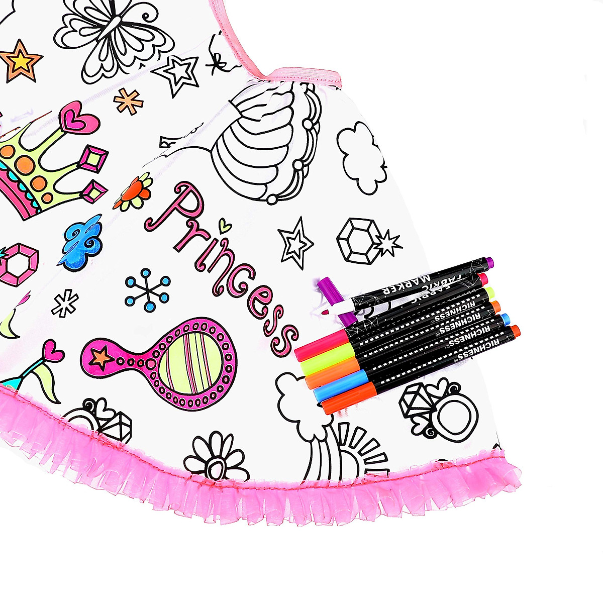 RICHNESS Color Your Own Dress Princess Dress Up Skirt with Fabric Markers & Self-Adhesive Jewels DIY Party Crafts for Girls Age 4-6 …
